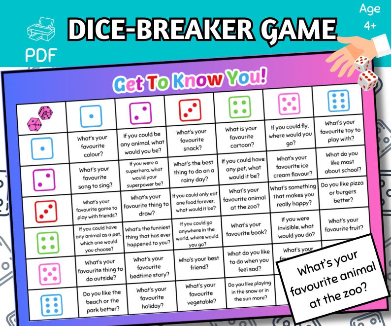 Get to Know You Dice Game, Children Icebreaker Questions, Roll and Tell ...
