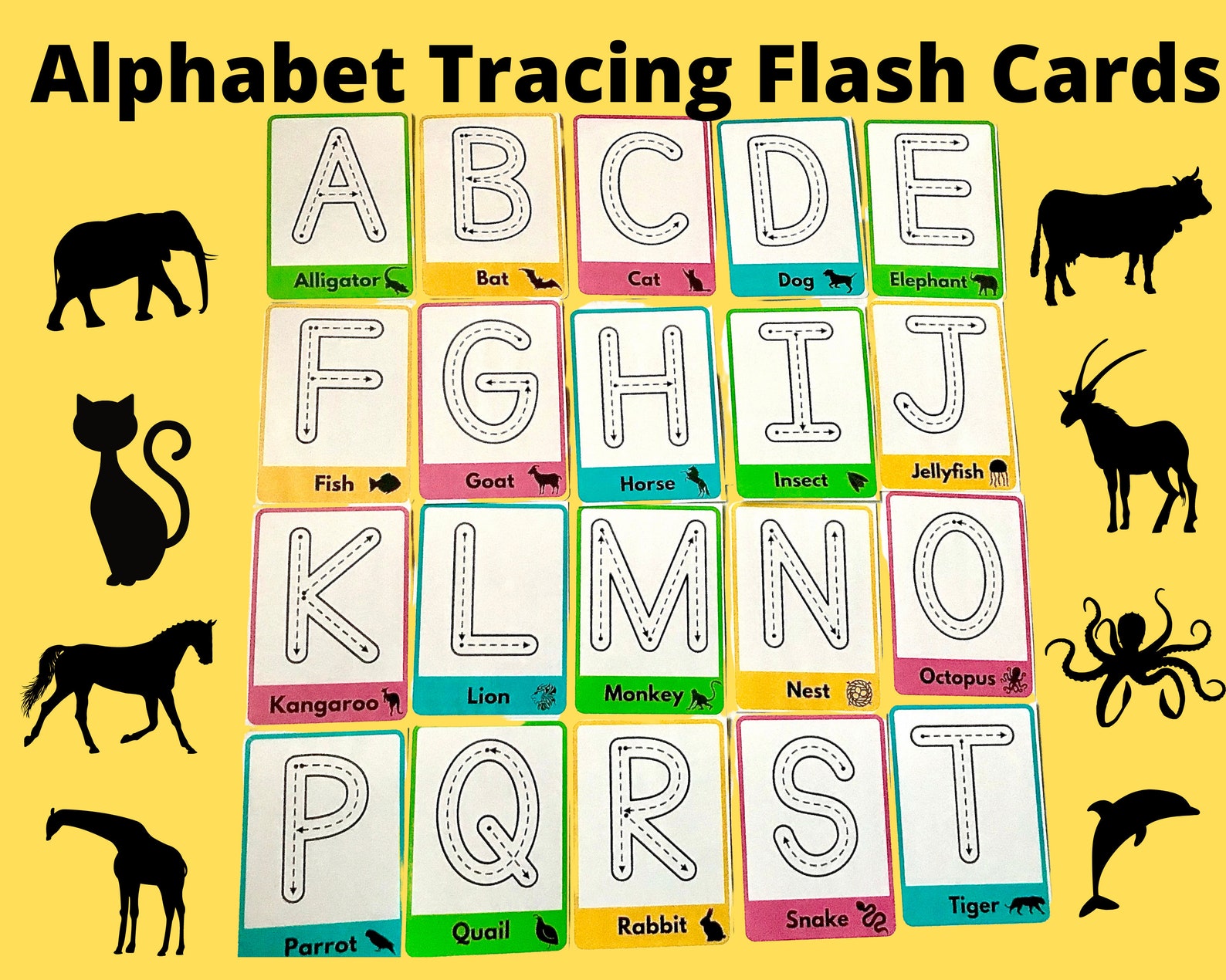 Alphabet Tracing Flash Cards, Animal Themed Flash Cards, Preschool ...