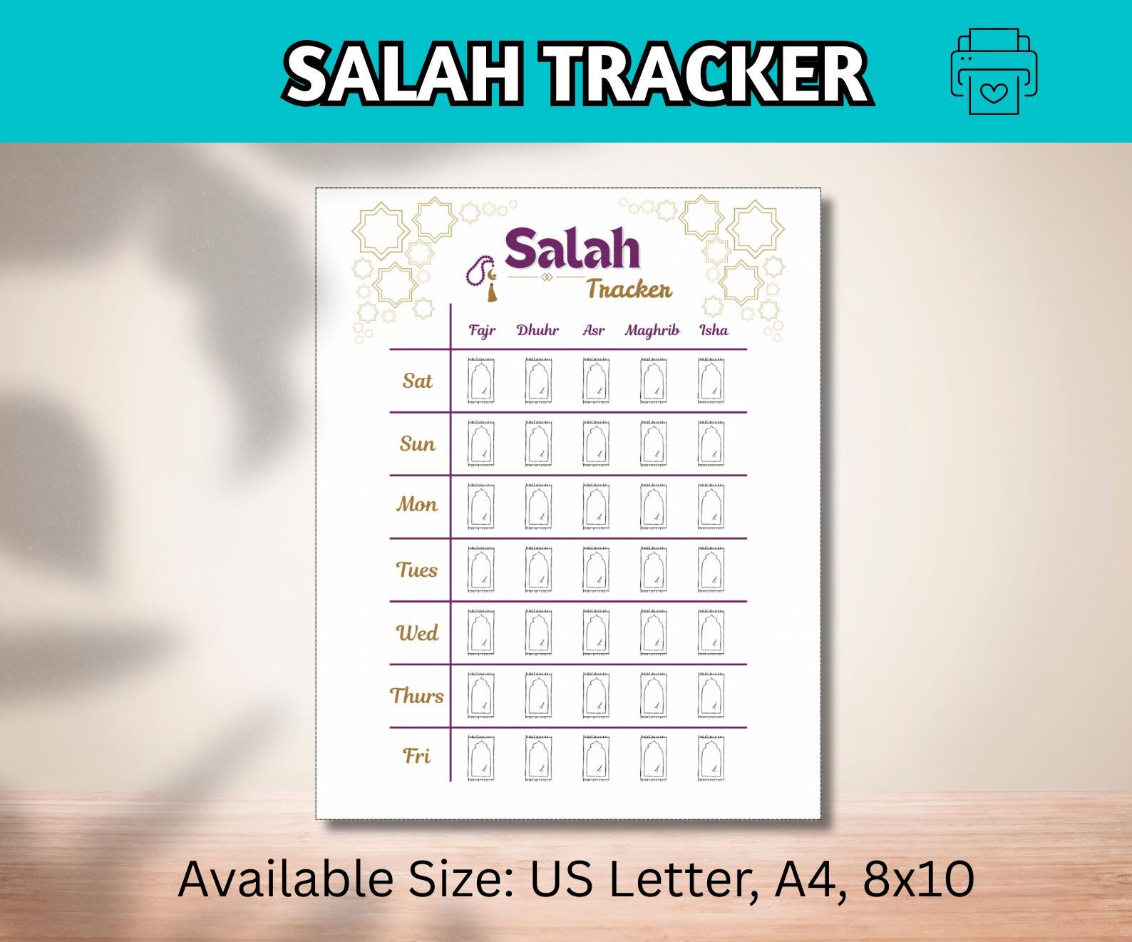 Salah Tracker Printable, Daily Salah Tracker, Salah Chart, Prayer Chart ...