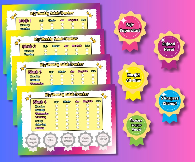 Printable Weekly Salah Tracker With Reward Badges, 4 Week Tracker - Etsy