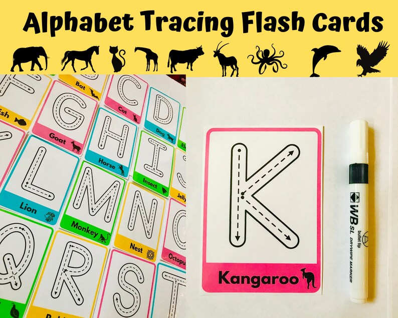 Alphabet Tracing Flash Cards, Animal Themed Flash Cards, Preschool ...