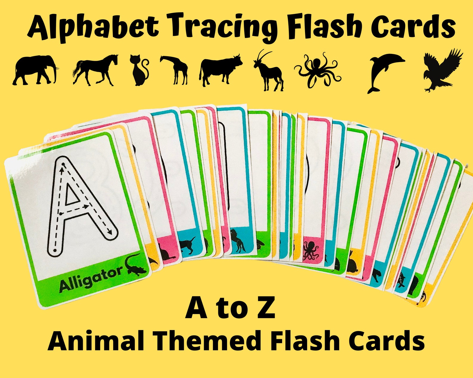 Alphabet Tracing Flash Cards, Animal Themed Flash Cards, Preschool ...