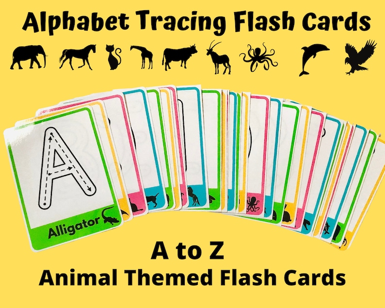 Alphabet Tracing Flash Cards, Animal Themed Flash Cards, Preschool ...