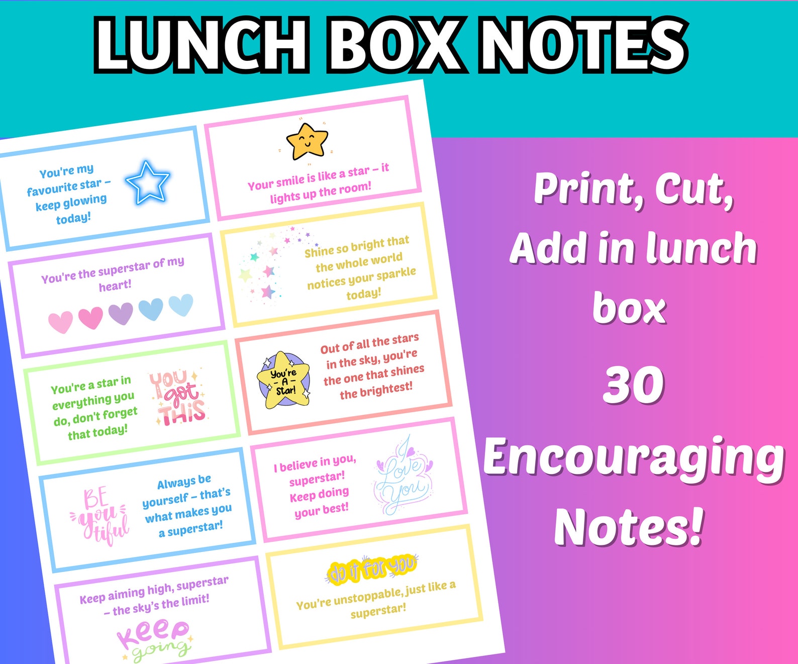 Superstar-themed Lunch Box Notes Printable | 30 Fun & Encouraging Notes ...