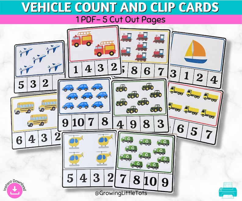 Vehicle Count and Clip Cards 1-10, Number Counting Activity, Prek Math ...