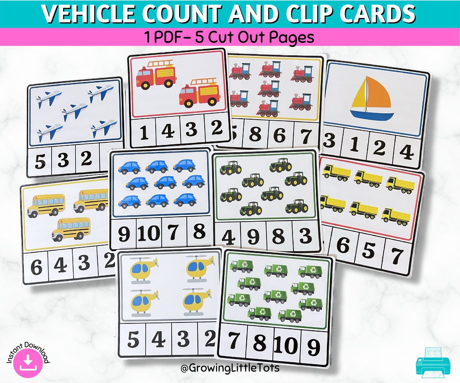 Vehicle Count and Clip Cards 1-10, Number Counting Activity, Prek Math ...