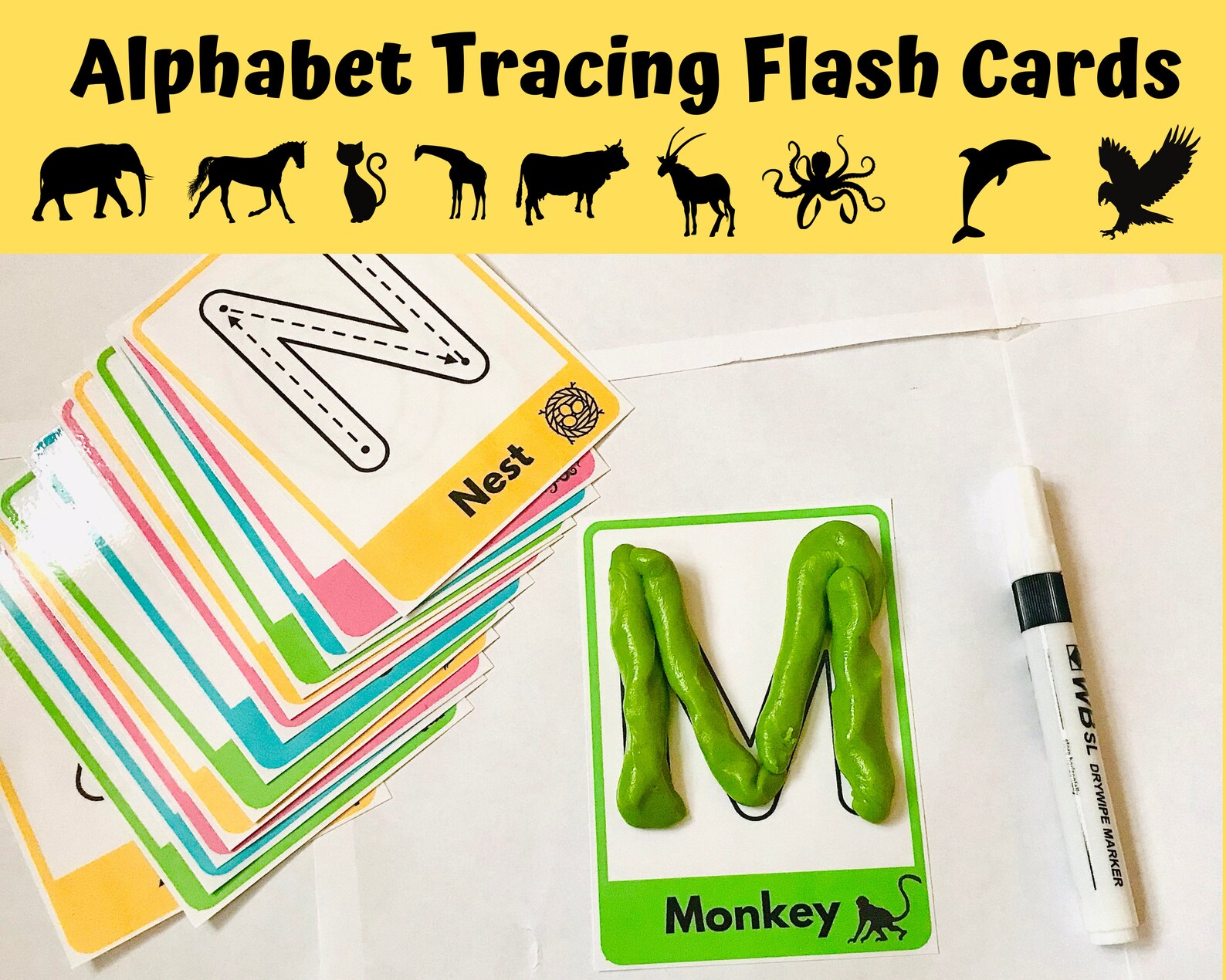 Alphabet Tracing Flash Cards, Animal Themed Flash Cards, Preschool ...