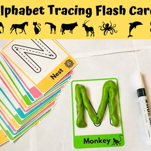 Alphabet Tracing Flash Cards, Animal Themed Flash Cards, Preschool ...