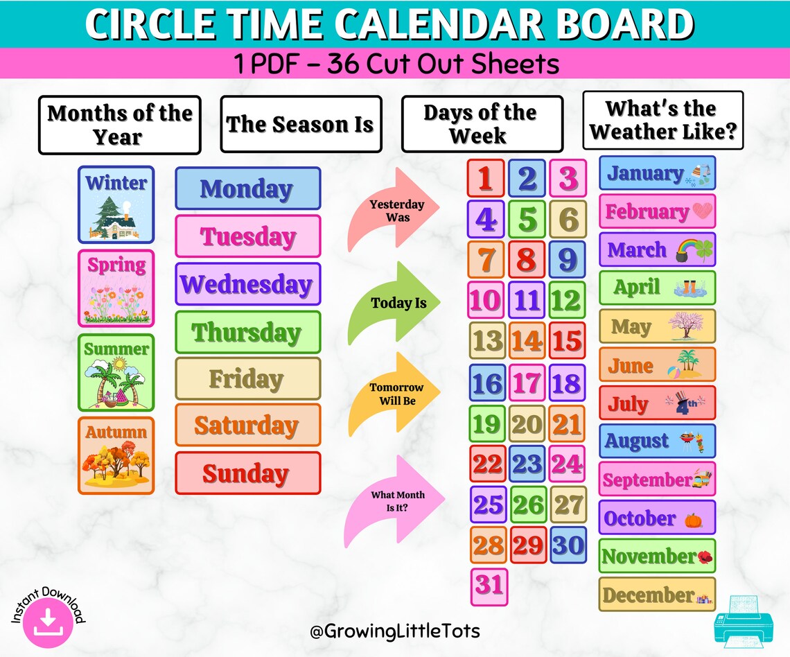 Circle Time Calendar Board Printable, Months of the Year, Days of the ...