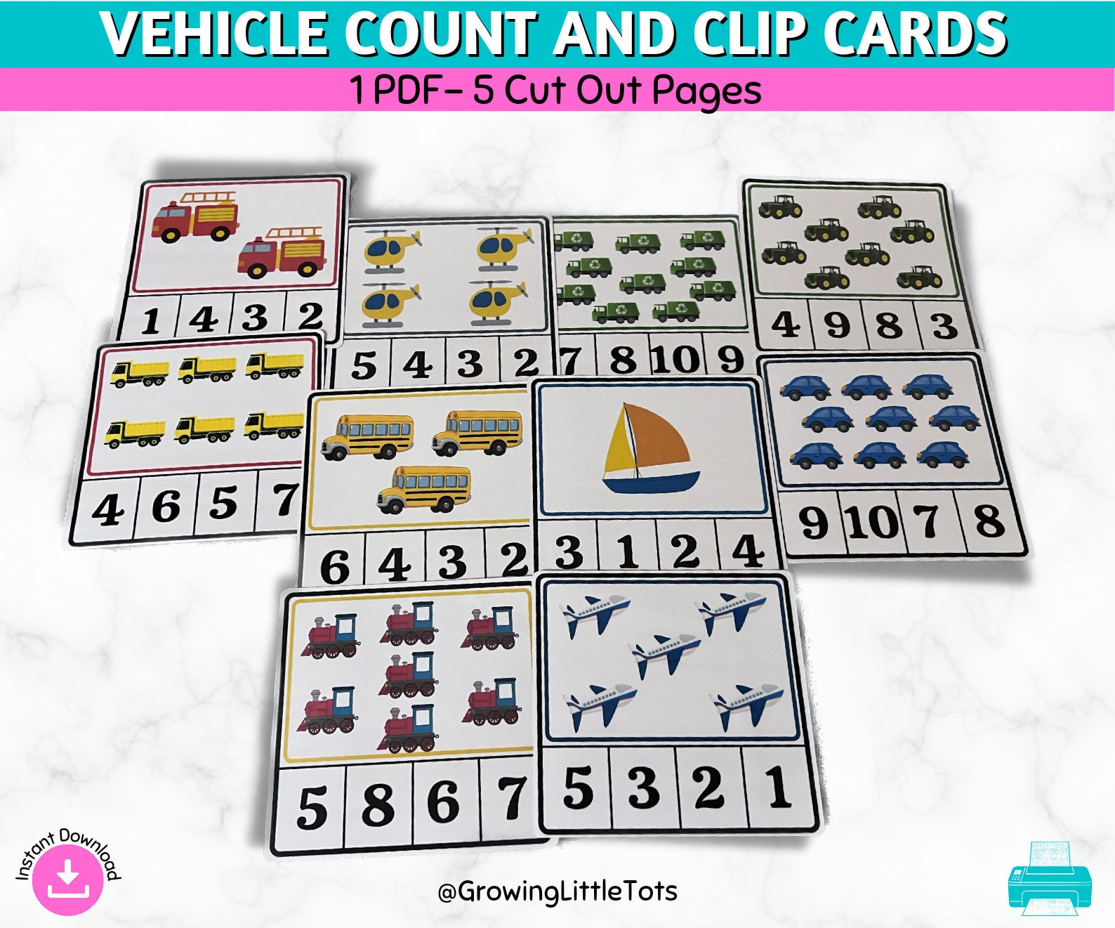 Vehicle Count and Clip Cards 1-10, Number Counting Activity, Prek Math ...