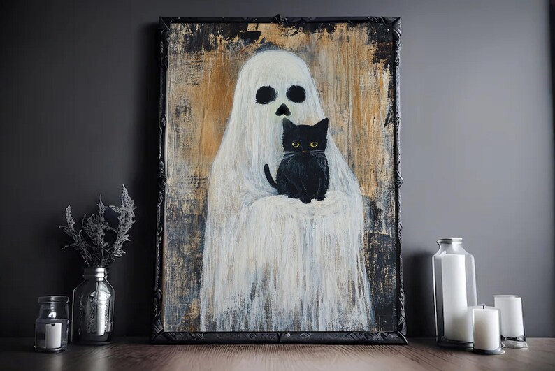 Spooky Ghost With a Cat Vintage Halloween Decor Cottagecore Dark ...