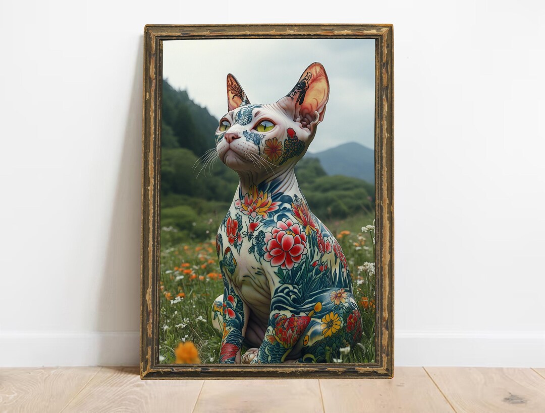 Colorful Sphynx Cat With Tattoos Printable Japanese Sphinx Cat Print ...