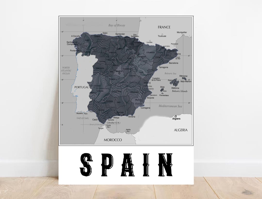 Spain Map Print Map of Spain Topography Printable Nursery Decor Spain ...