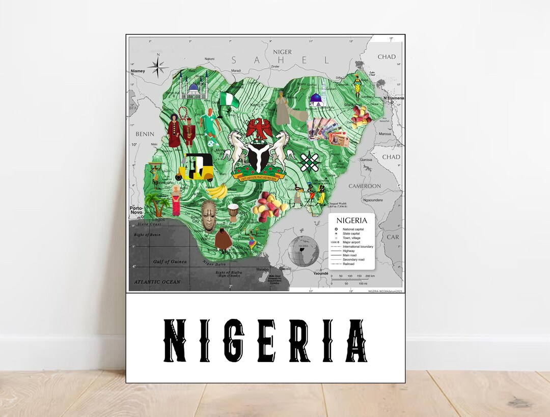 Nigeria Map Print Digital Printable Map of Nigeria Flag Print Nigeria ...