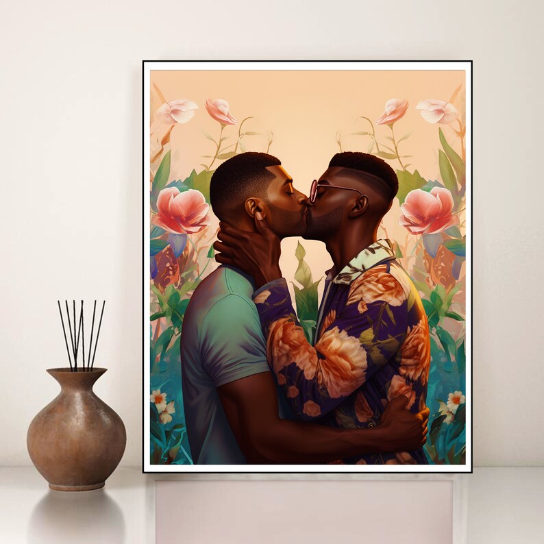 Black Gay Art Printable Download Black Men Kissing Gay Couple Kissing Black Queer Art LGBT Art ...