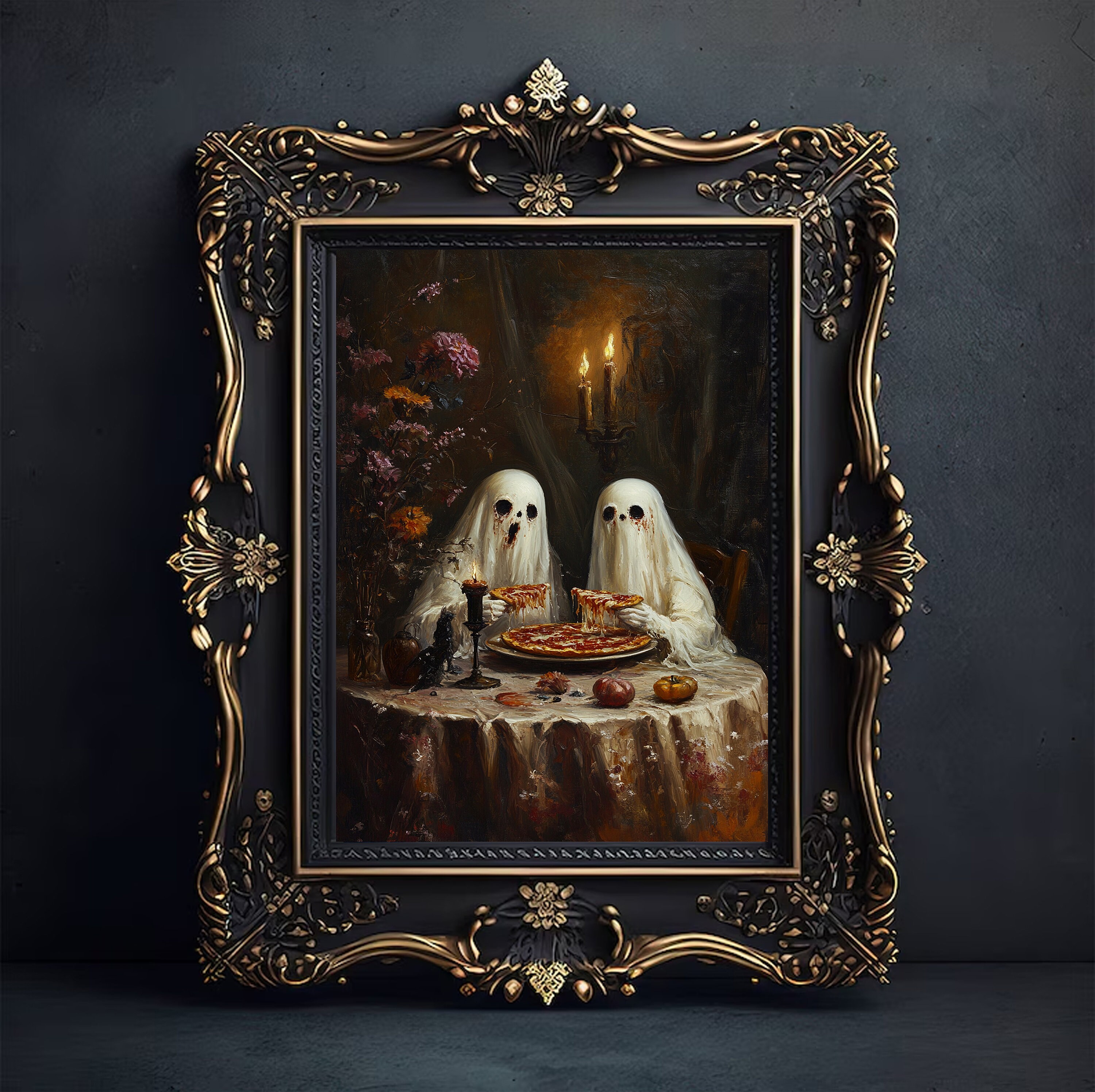 Ghost Eating Pizza Vintage Halloween Decor Printable Ghost Painting ...