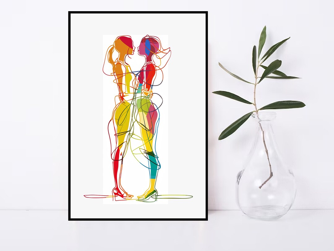 Colorful Lesbian Line Art Minimalist Lesbian Couple Decor Abstract ...