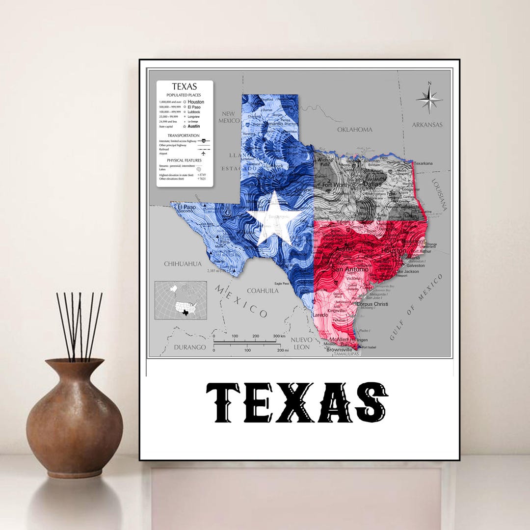 Texas Map Print Texas State Map Canvas Poster Modern USA Map Office ...