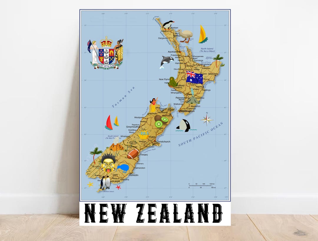 Map of New Zealand Canvas Print New Zealand Map Poster Illustrated NZ ...