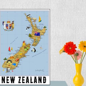 Map of New Zealand Canvas Print New Zealand Map Poster Illustrated NZ ...