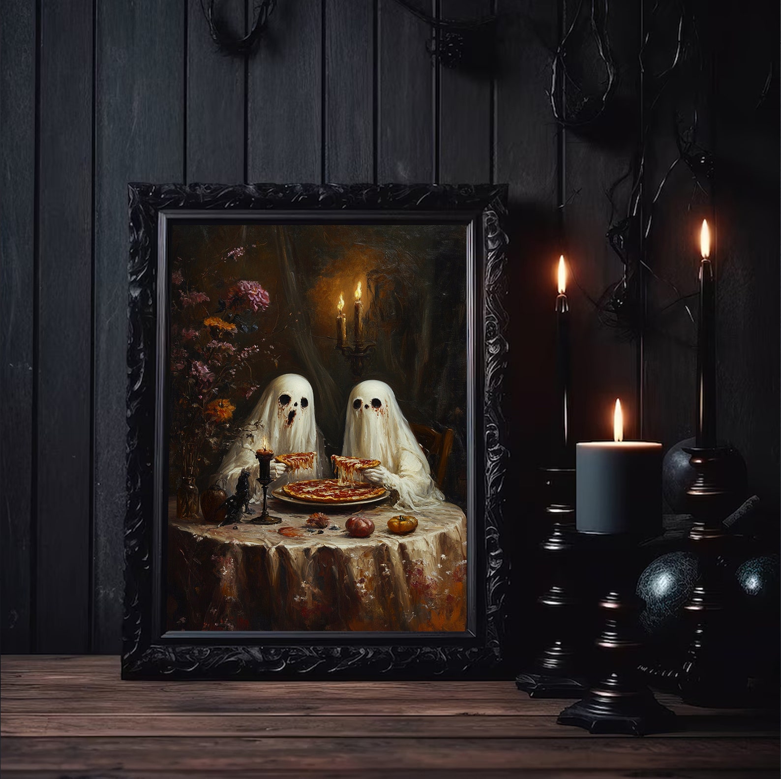 Ghost Eating Pizza Vintage Halloween Decor Printable Ghost Painting ...