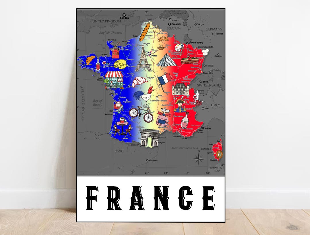 France Illustrated Map Print France Flag Map Poster Printable Map of ...