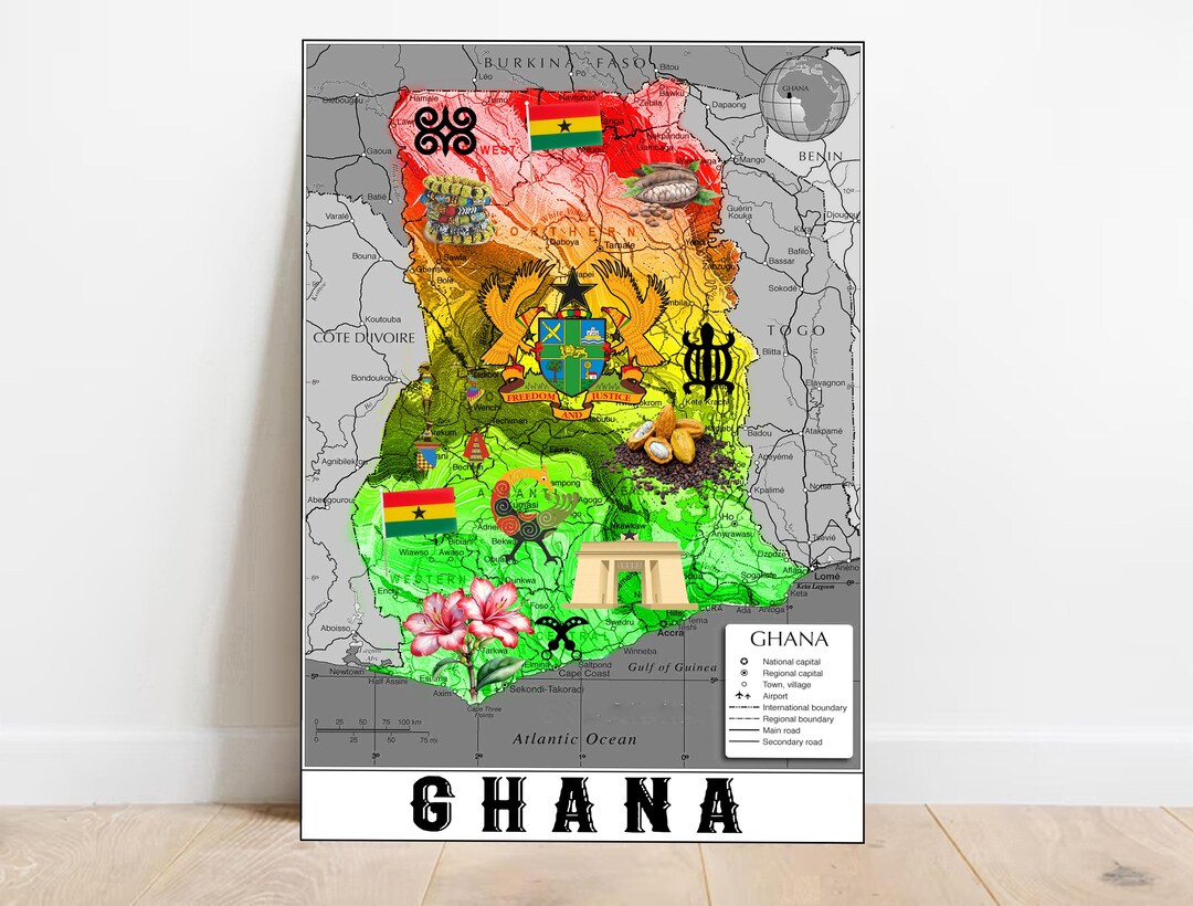 Ghana Map Digital Printable Map of Ghana Poster Ghana Flag Map West ...