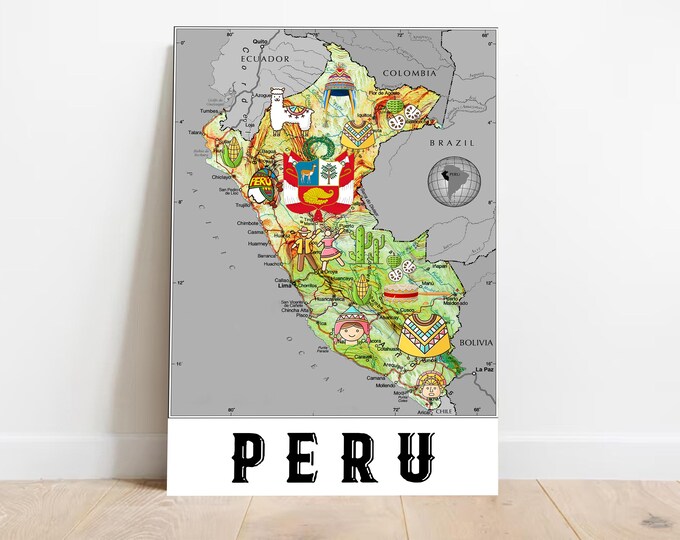 Peru Map, Peru 2D Relief Map, Peru Vintage Map, Peru Print, Peru ...