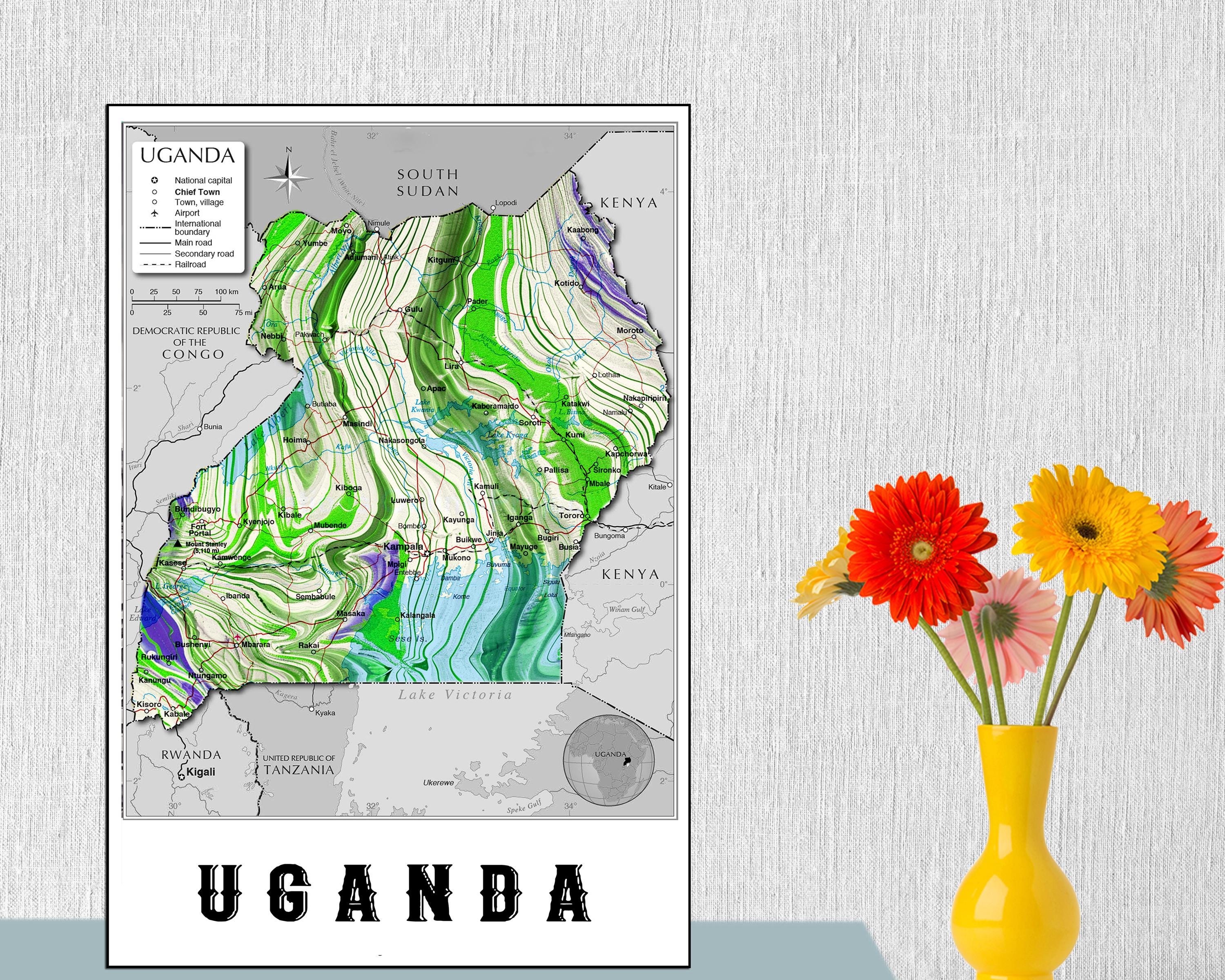 Uganda Map Poster Digital Printable Map of Uganda Art Print East Africa ...