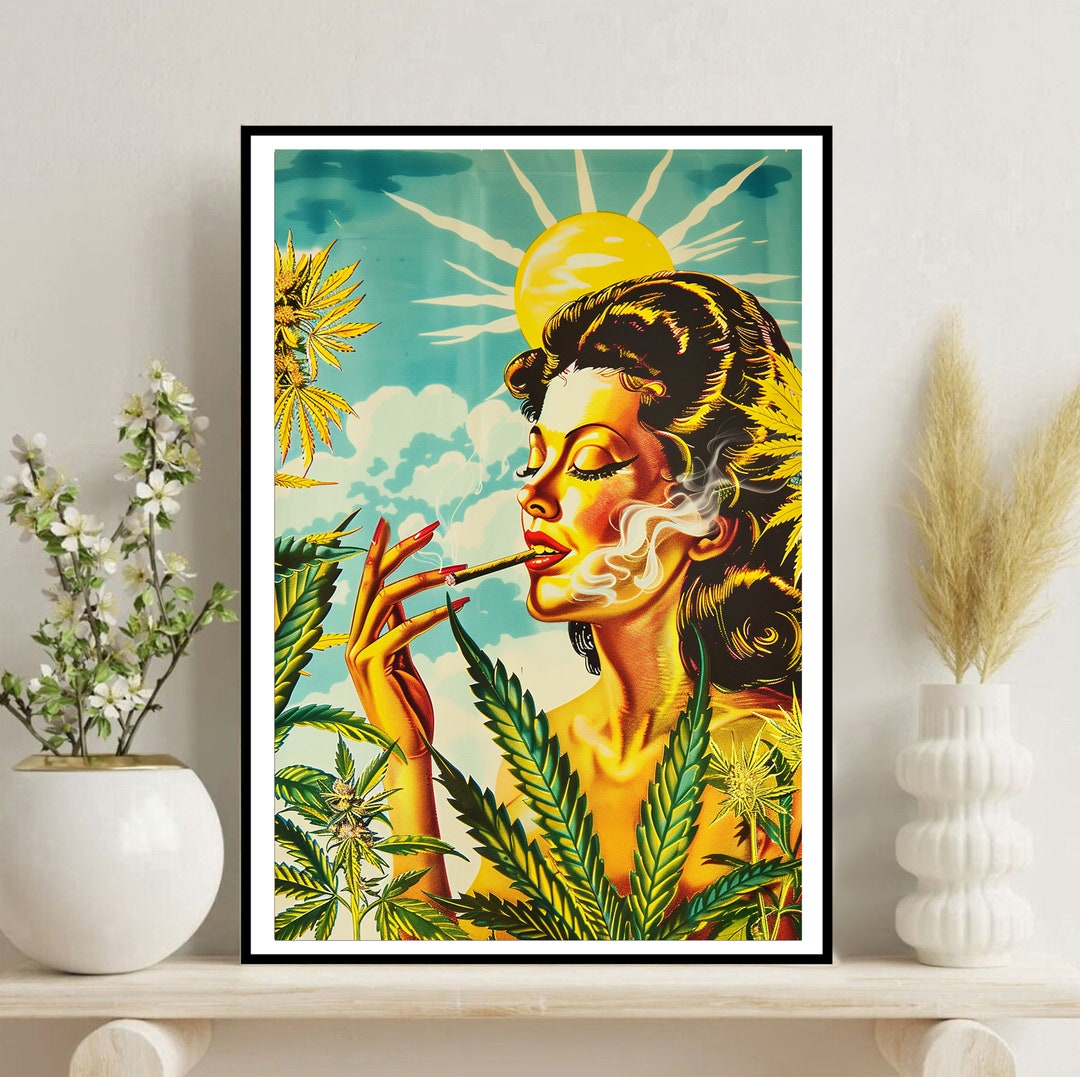 Vintage Marijuana Printable Weed Girl 420 Stoner Gifts Cannabis Wall Decor Smoking Weed Art ...