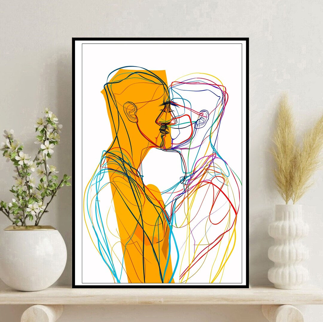 Gay Couple Line Drawing Gay Minimalist Line Art Gay Men Kissing ...