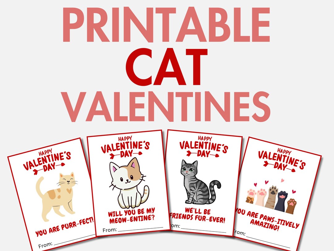 Printable Cat Valentines | Cat Valentine Cards for Girls & Boys | Kitty ...