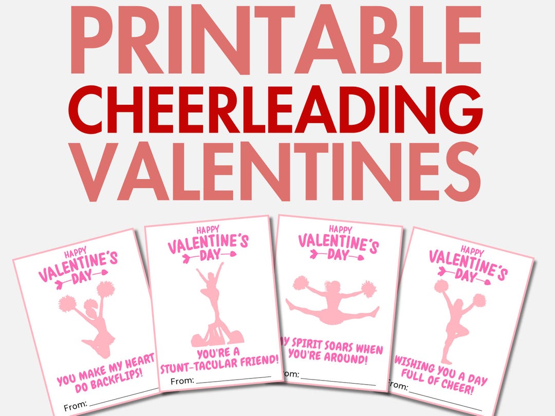 Printable Cheerleading Valentines Cheer Valentine Cards Cheerleader Valentines for Girls School ...