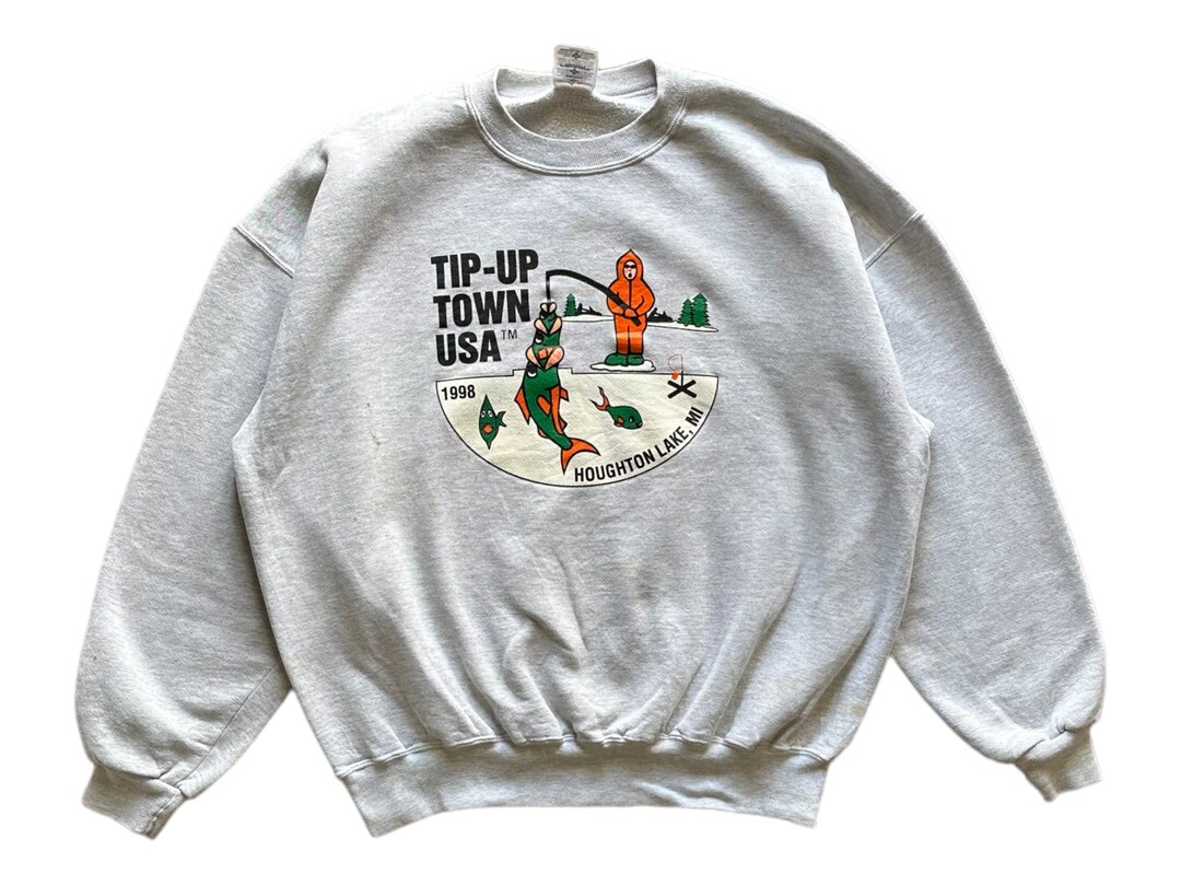 Vintage 90s Fishing Style Hougton Lake MI Art Print Jerzees Tag ...