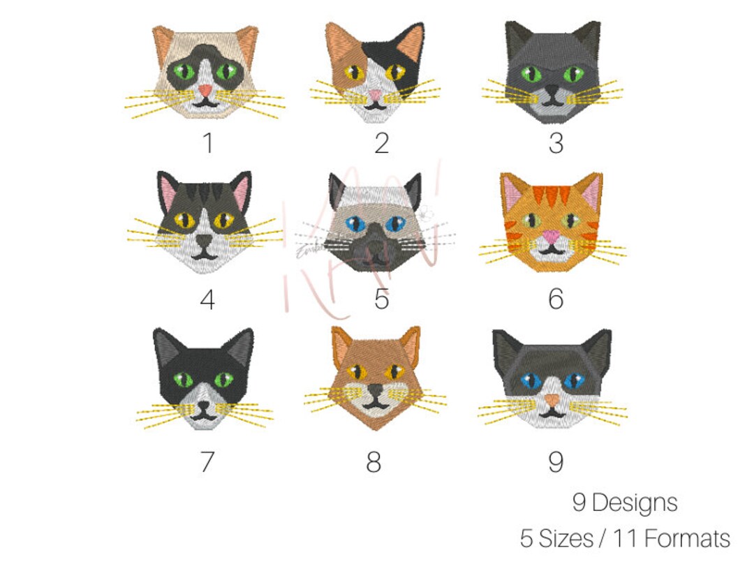 9 Designs -- 5 Sizes -- Small Cats Head -- Machine Embroidery Design ...
