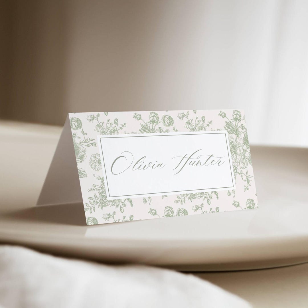 Floral Folded Place Cards: Light Green Printable Template (digital ...
