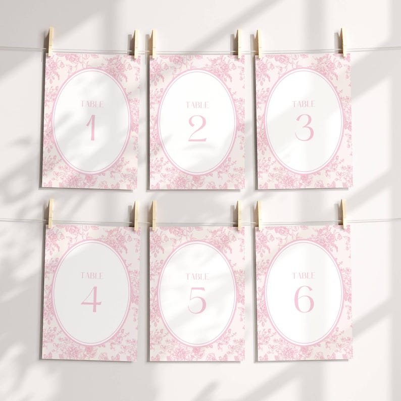 Pink Floral Toile Table Number Card Template Bridal Shower Table Decor ...