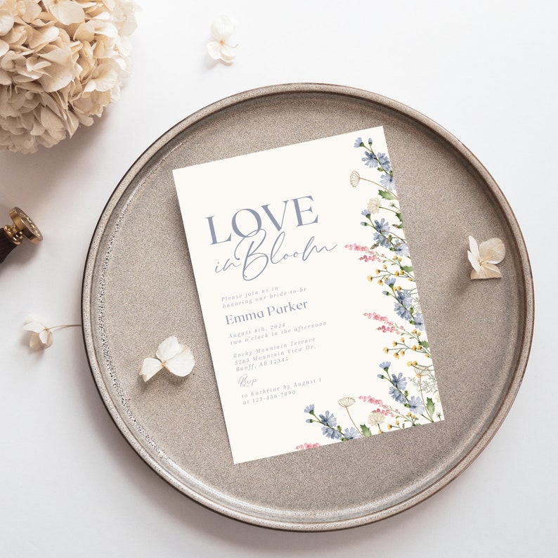 Love in Bloom Bridal Shower Invitation, Dusty Blue Floral Bridal Shower Invite, Wildflower ...