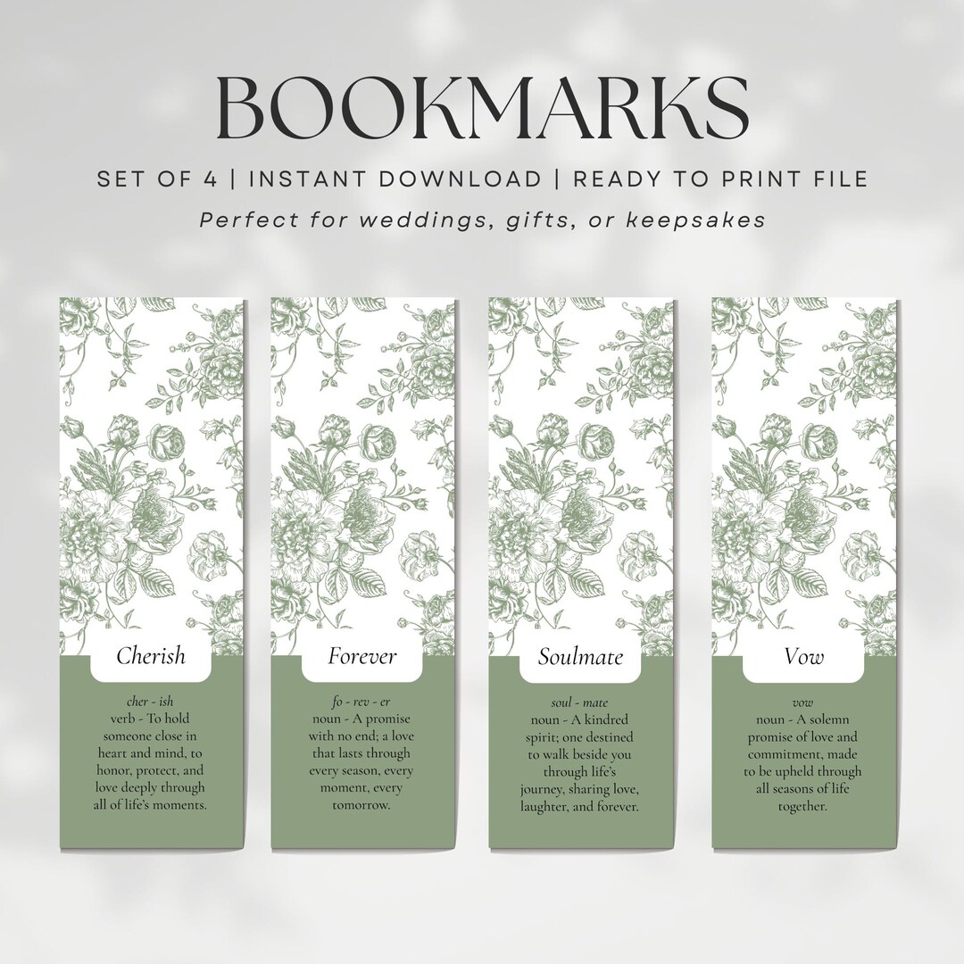 Sage Green Wedding Bookmarks Bridal Shower Favour Printable Gift Set ...