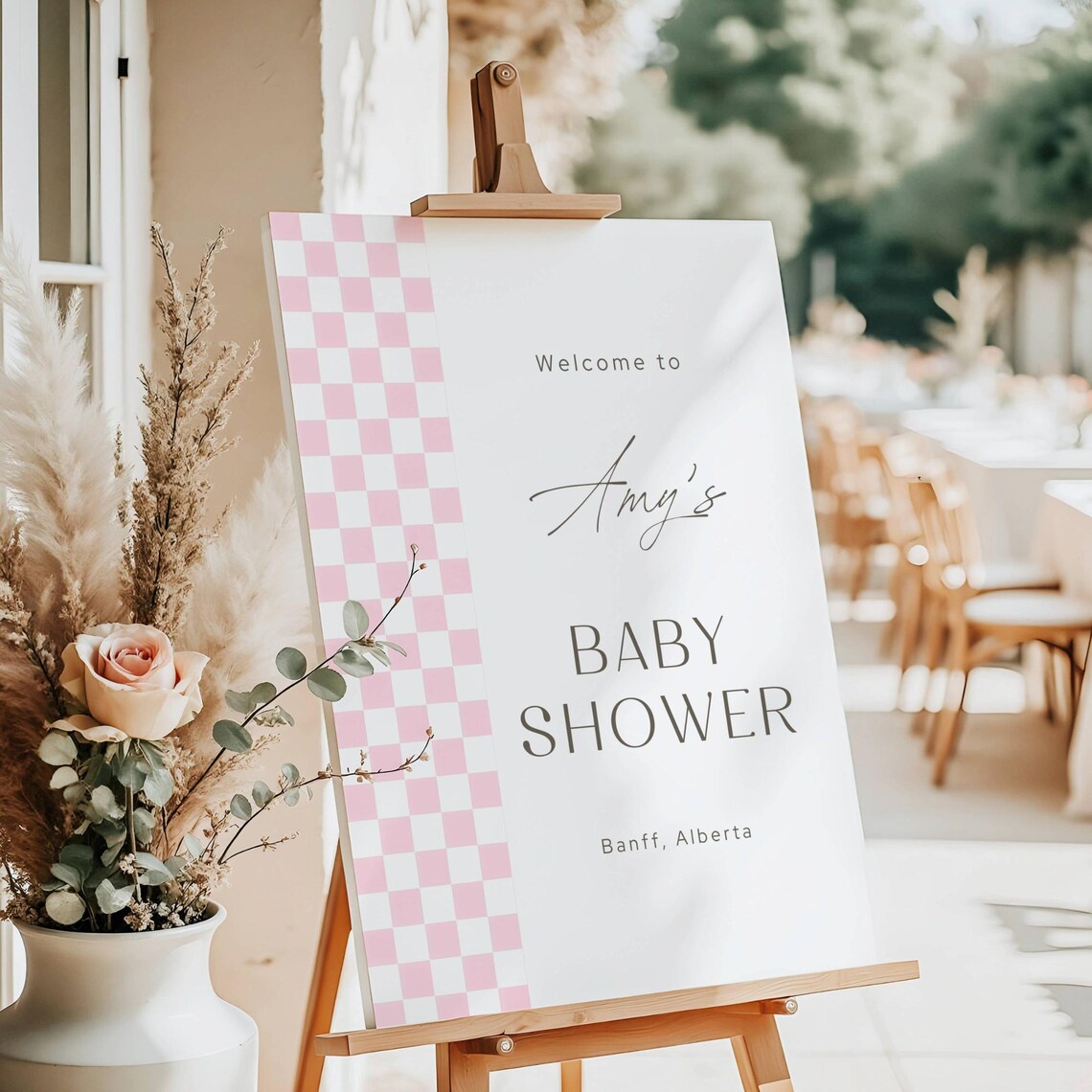 Pink Checkered Baby Shower Welcome Sign: Retro Theme (digital Download ...
