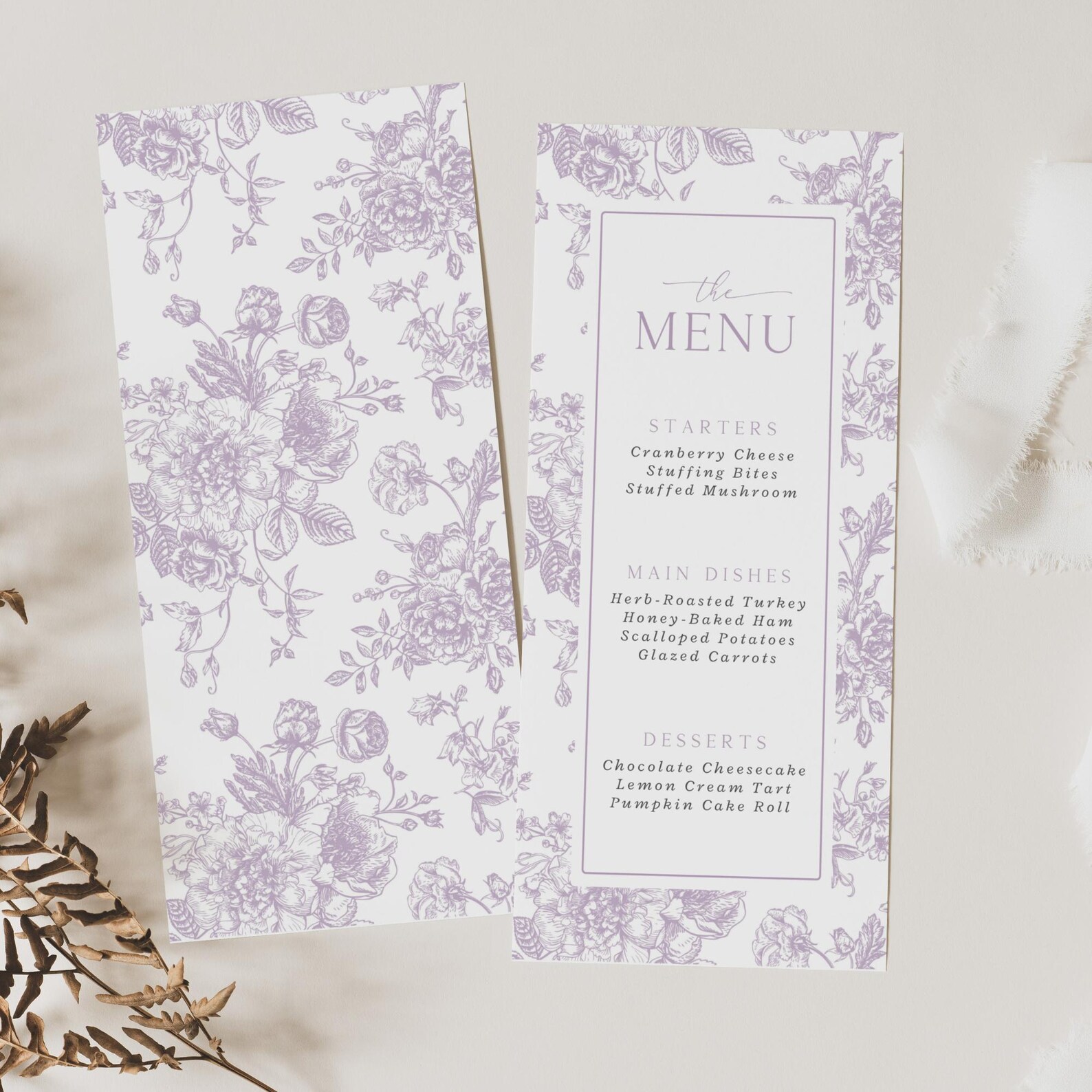 Lavender Toile Menu Template: Editable Wedding, Shower, or Event ...