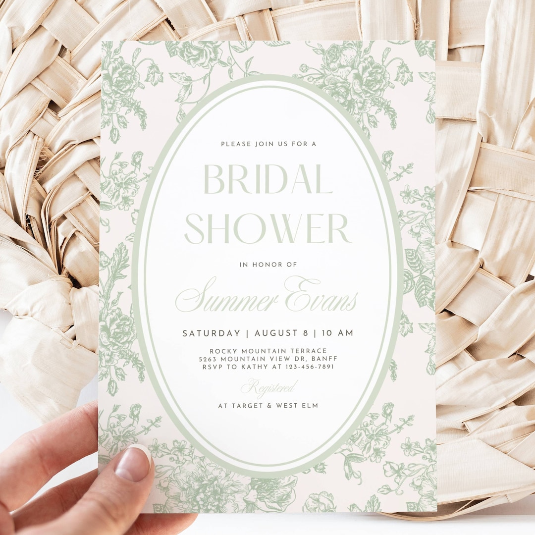 Vintage Floral Bridal Shower Invitation Template Sage Green Chinoiserie ...