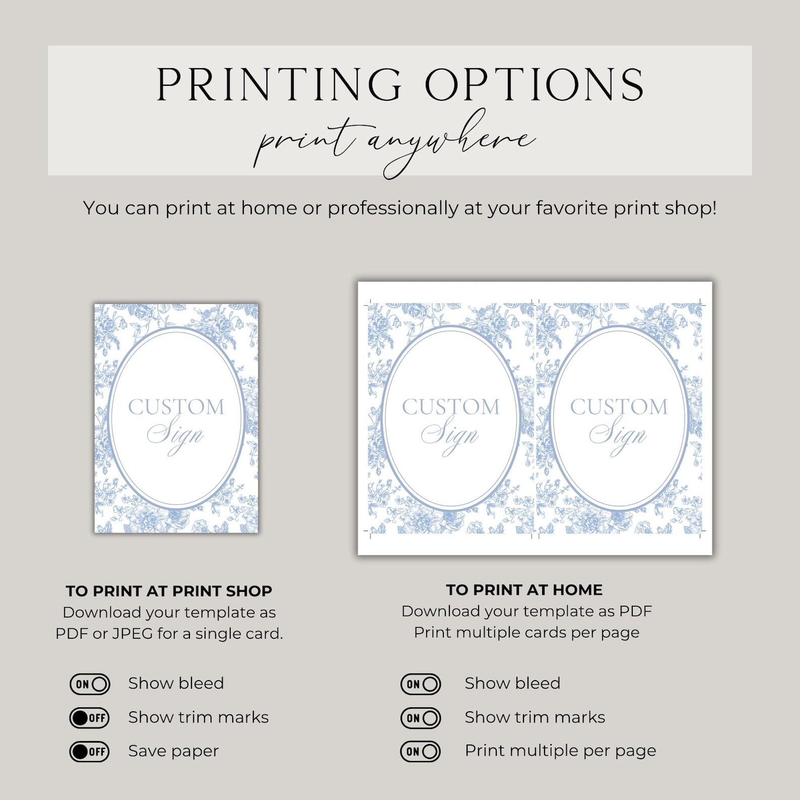 Blue Toile Printable Sign Template: Editable Floral Design (digital ...