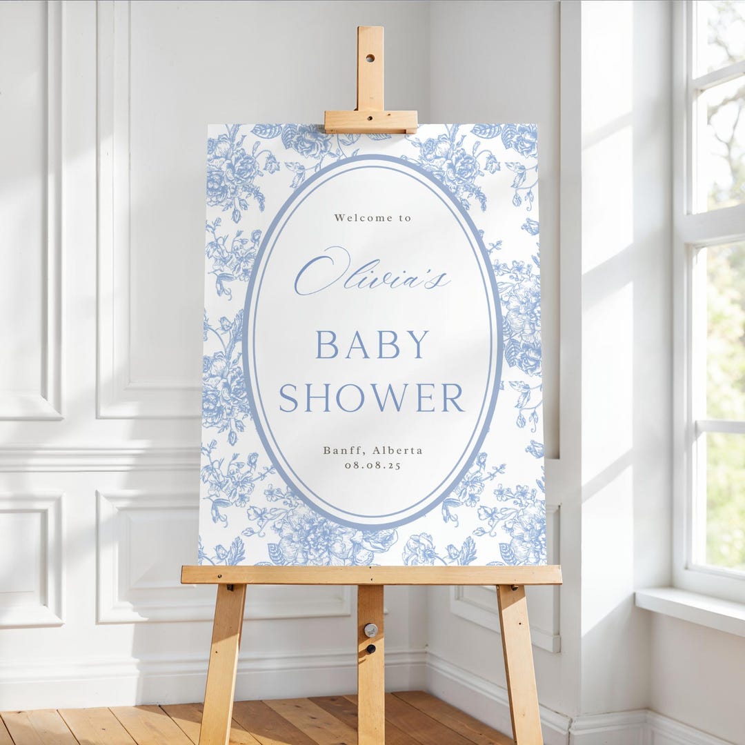 French Toile Baby Shower Welcome Sign: Blue Floral, Vintage Style (DIY ...