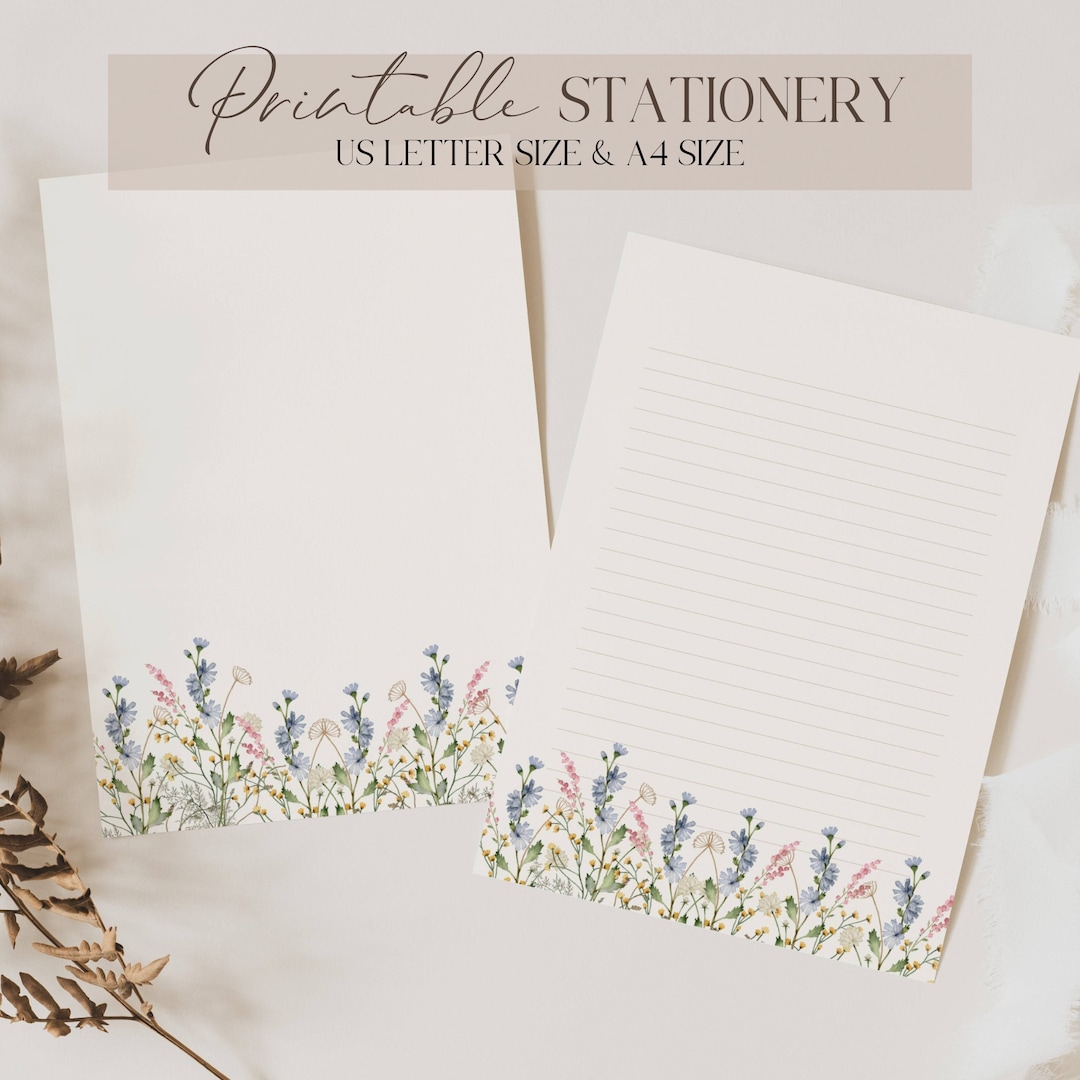 Floral Watercolor Stationery Set: Pink & Blue Wildflowers (digital ...