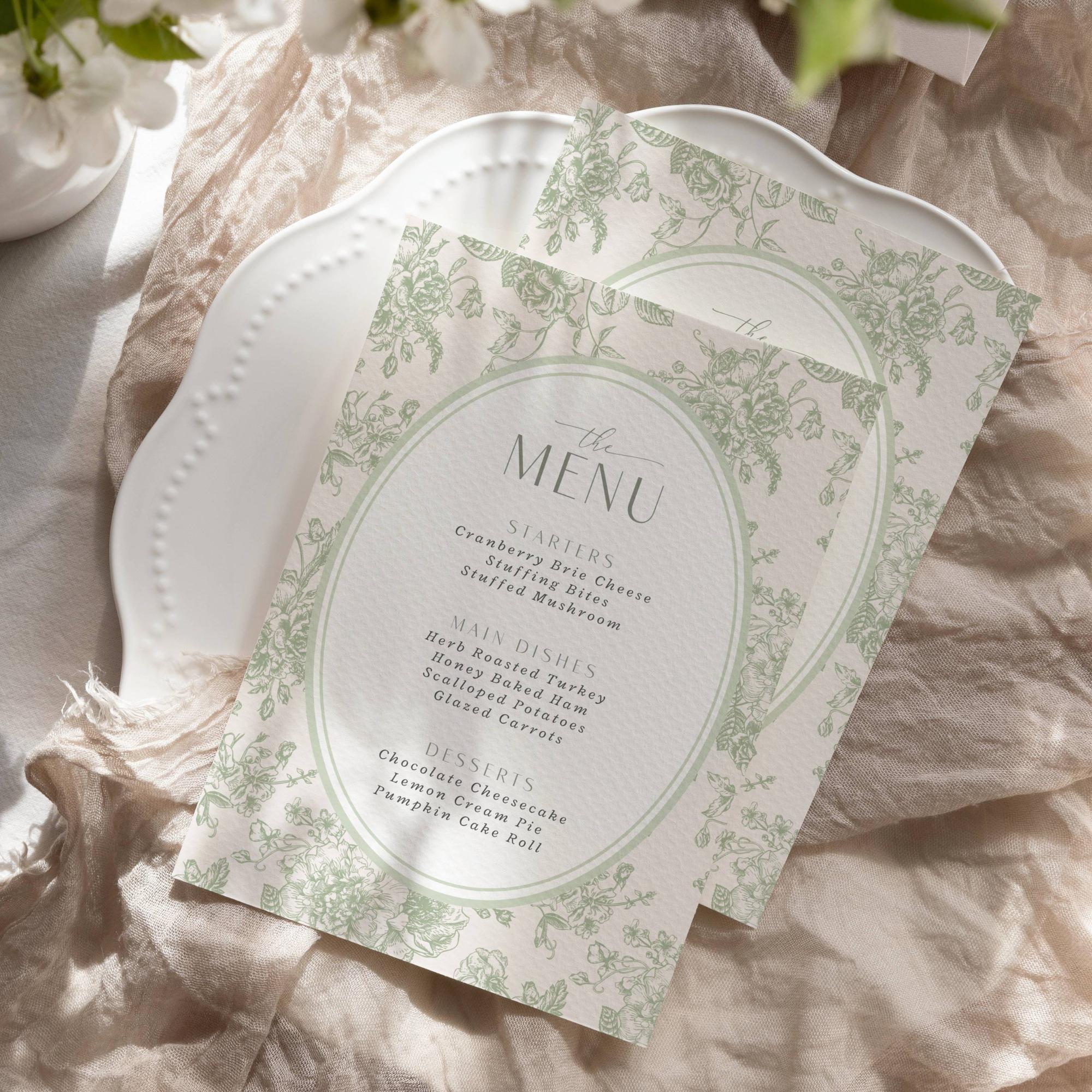 Sage Green Toile Menu Template: Chinoiserie Floral Design (digital ...