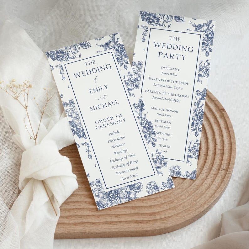 Wedding Program Template Navy Blue Floral Toile Order of Ceremony ...