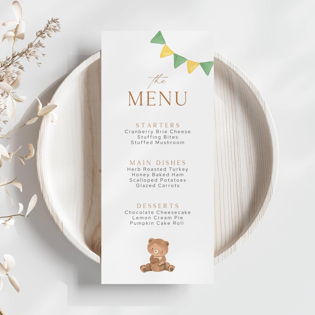 Teddy Bear Party Menu Cute Bear Baby Shower Menu Card Template Download ...
