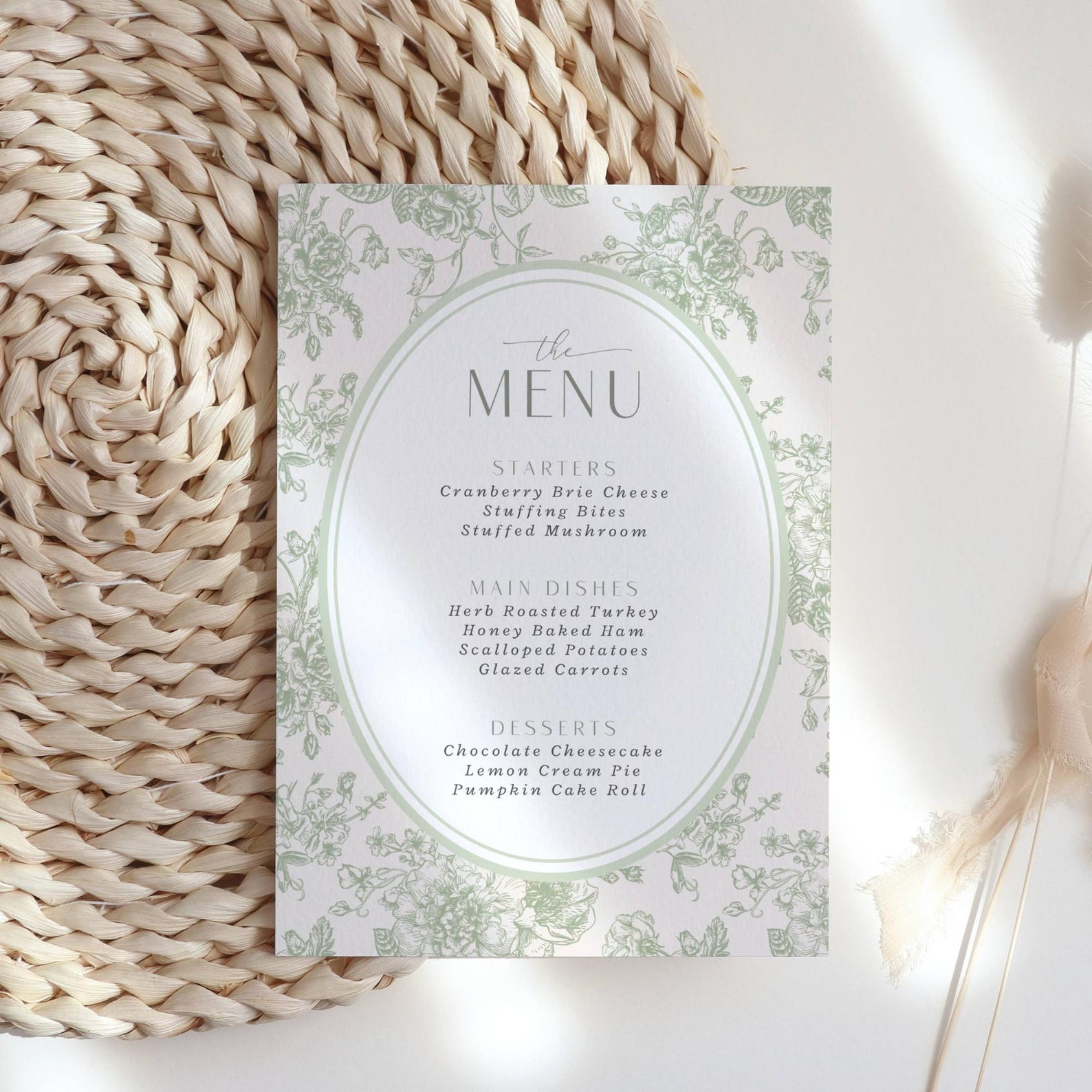 Sage Green Toile Menu Template: Chinoiserie Floral Design (digital ...