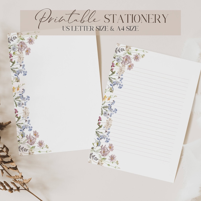 Floral Stationery Set: Pink & Blue Watercolor Letter Paper (digital ...
